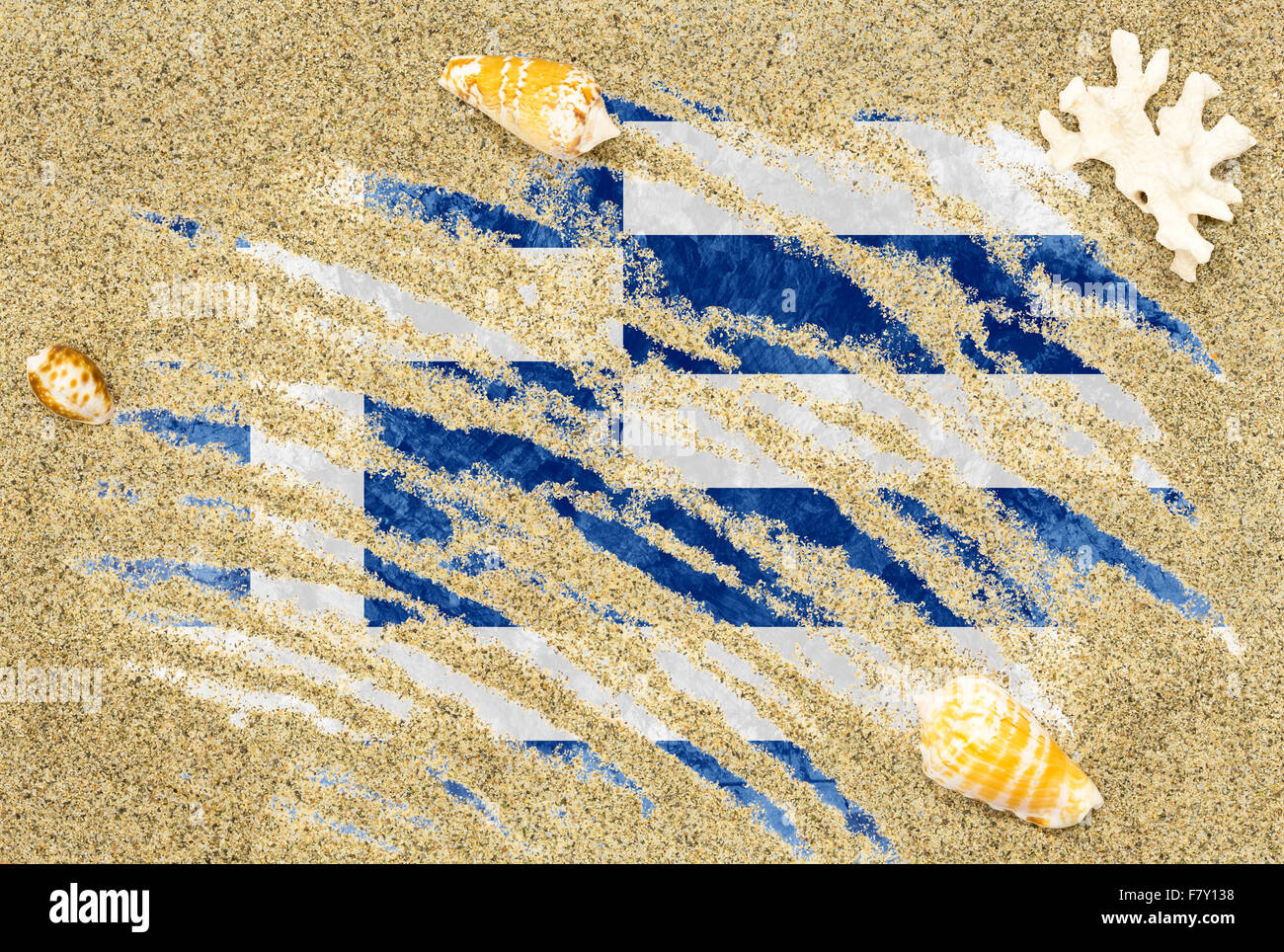 National country flag of Greece under a beach background with sand, sea ...