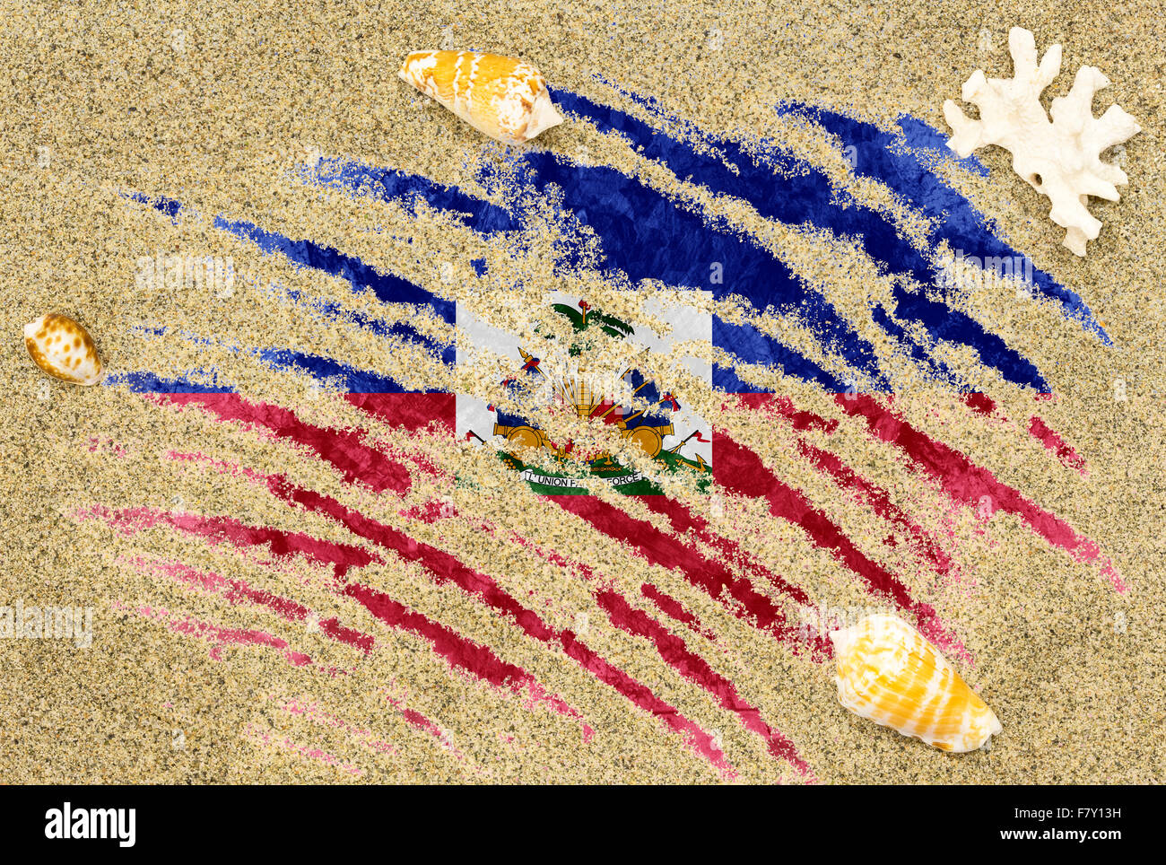 National country flag of Haiti under a beach background with sand, sea ...