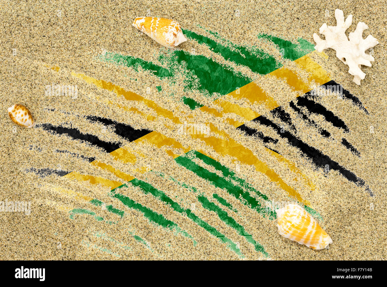 National country flag of Jamaica under a beach background with sand ...