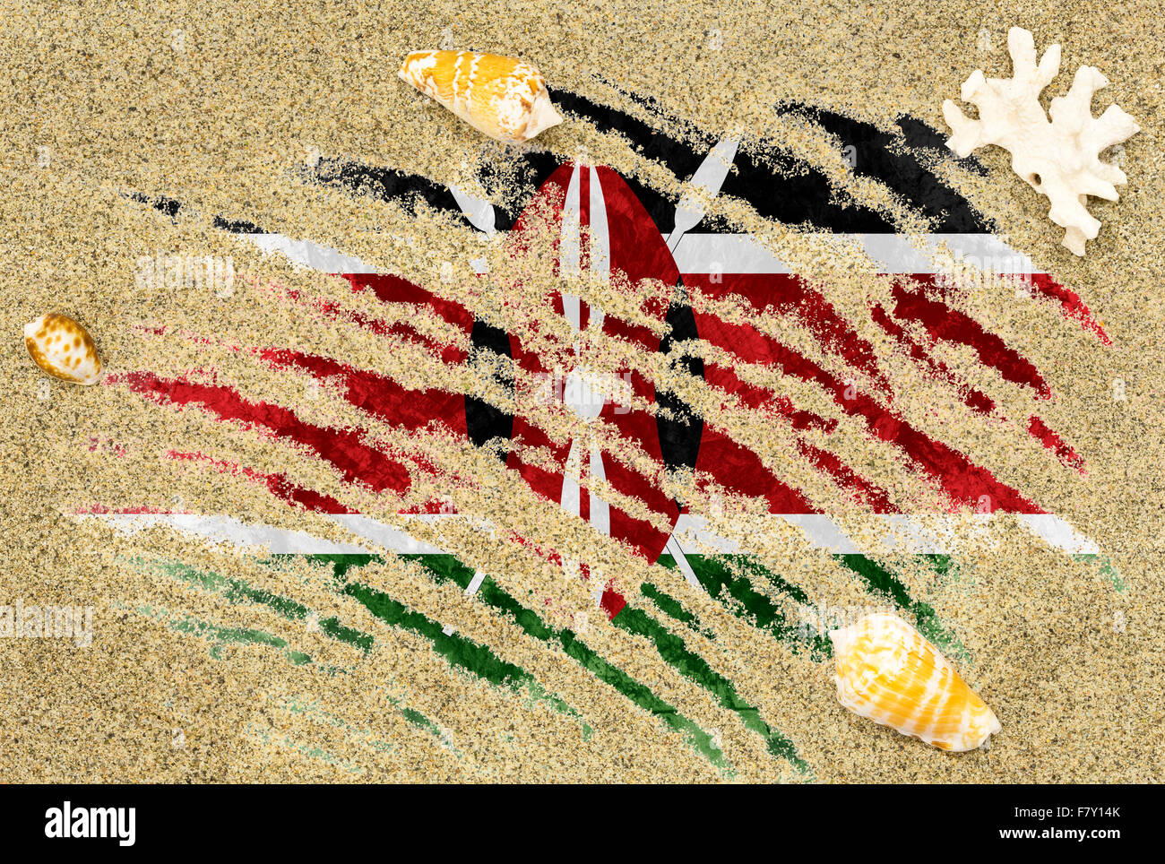 National country flag of Kenya under a beach background with sand, sea ...
