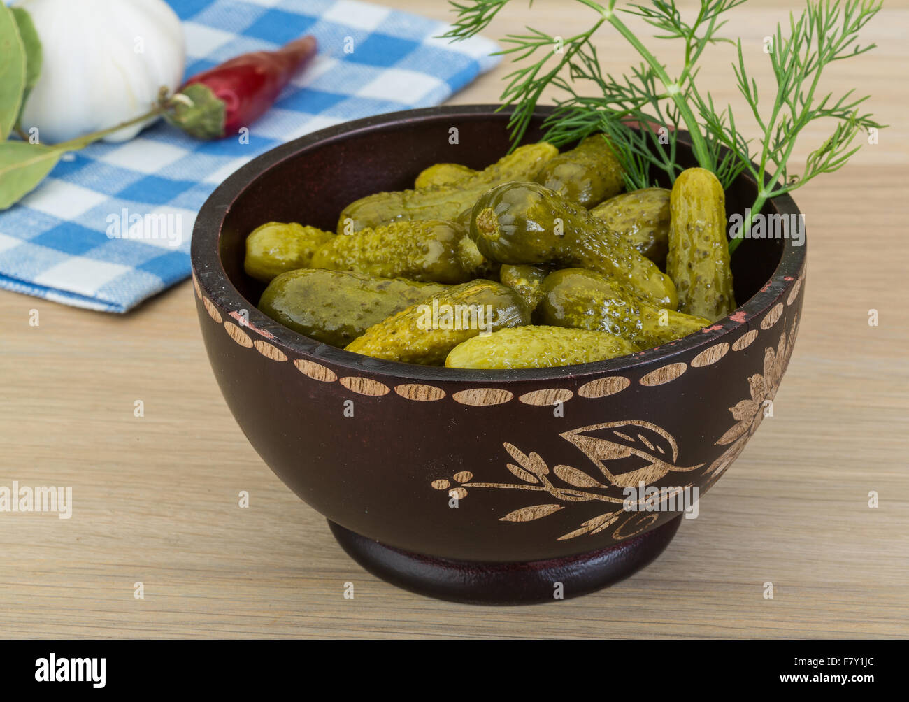 Pickled small cucumber with dill and spices Stock Photo - Alamy