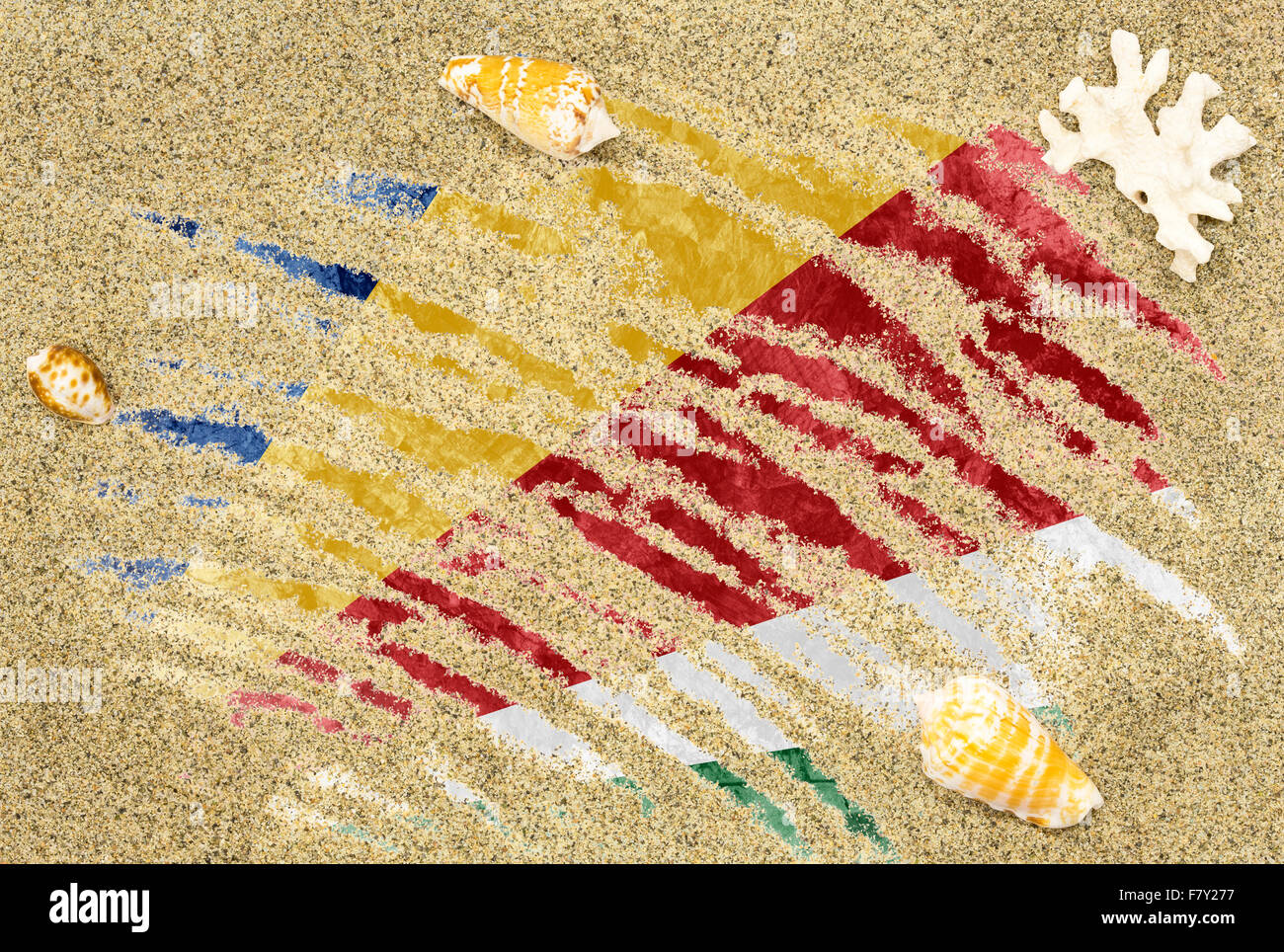 National country flag of Seychelles under a beach background with sand ...