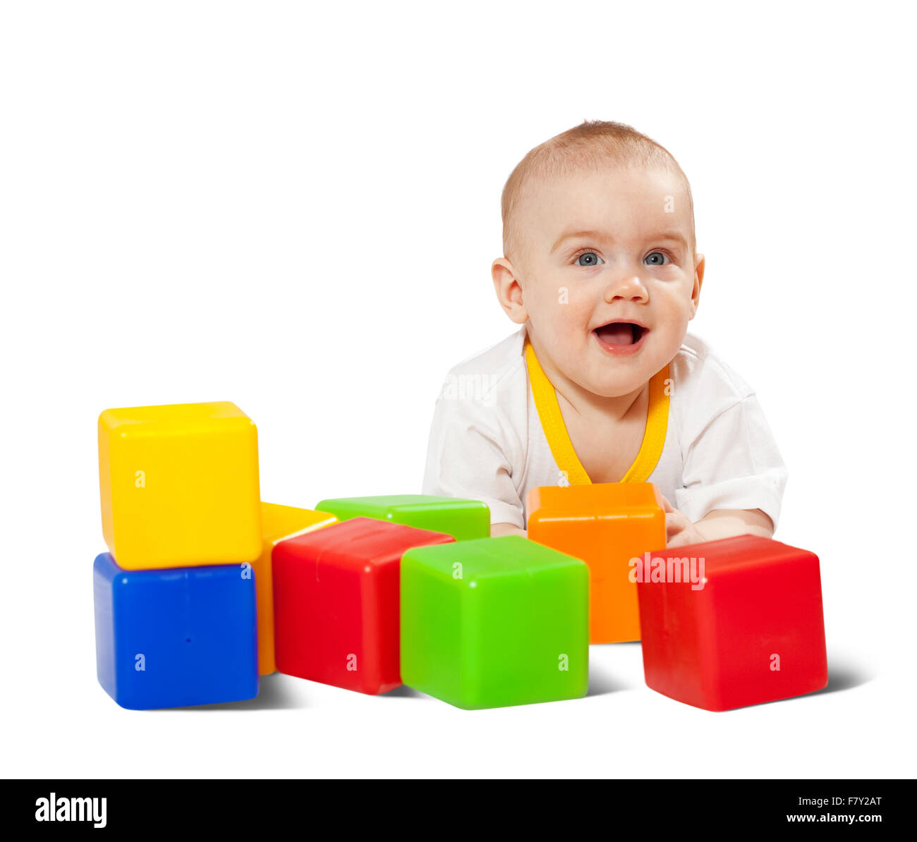 Happy baby plays with toy blocks over white background Stock Photo - Alamy