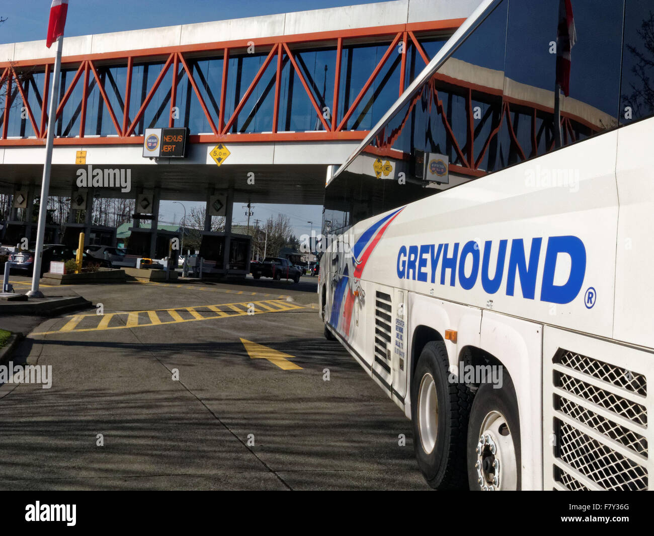 A Greyhound bus about to cross the Western border from Washington state ...