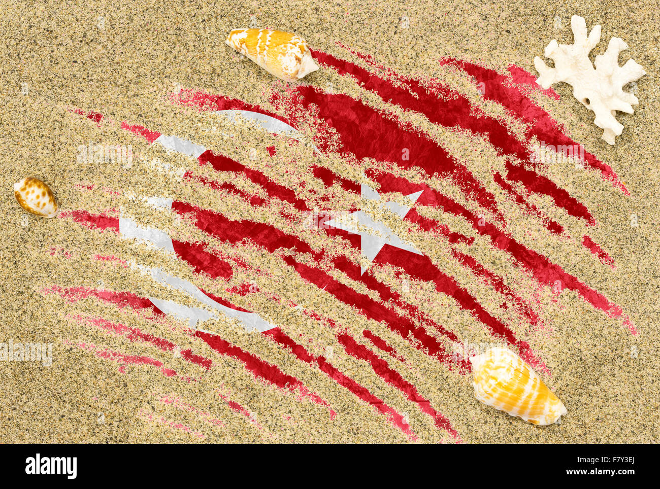 National country flag of Turkey under a beach background with sand, sea ...