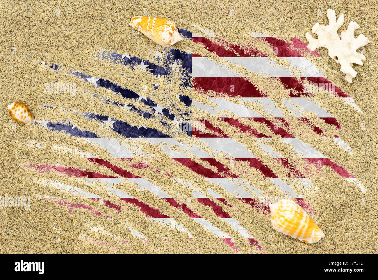 National country flag of United States under a beach background with ...