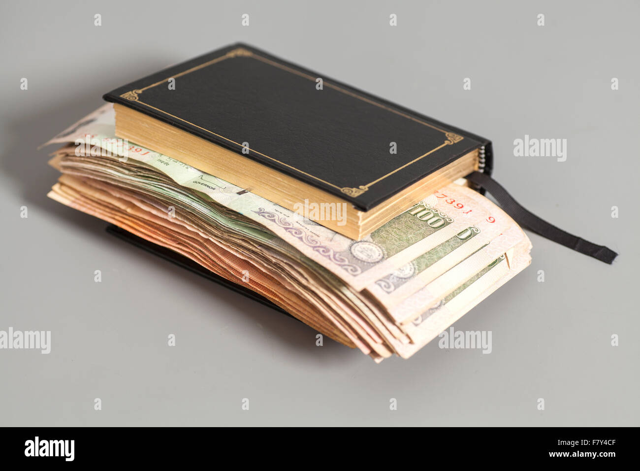 Book with Indian Currency Rupee bank notes on gray background Stock ...