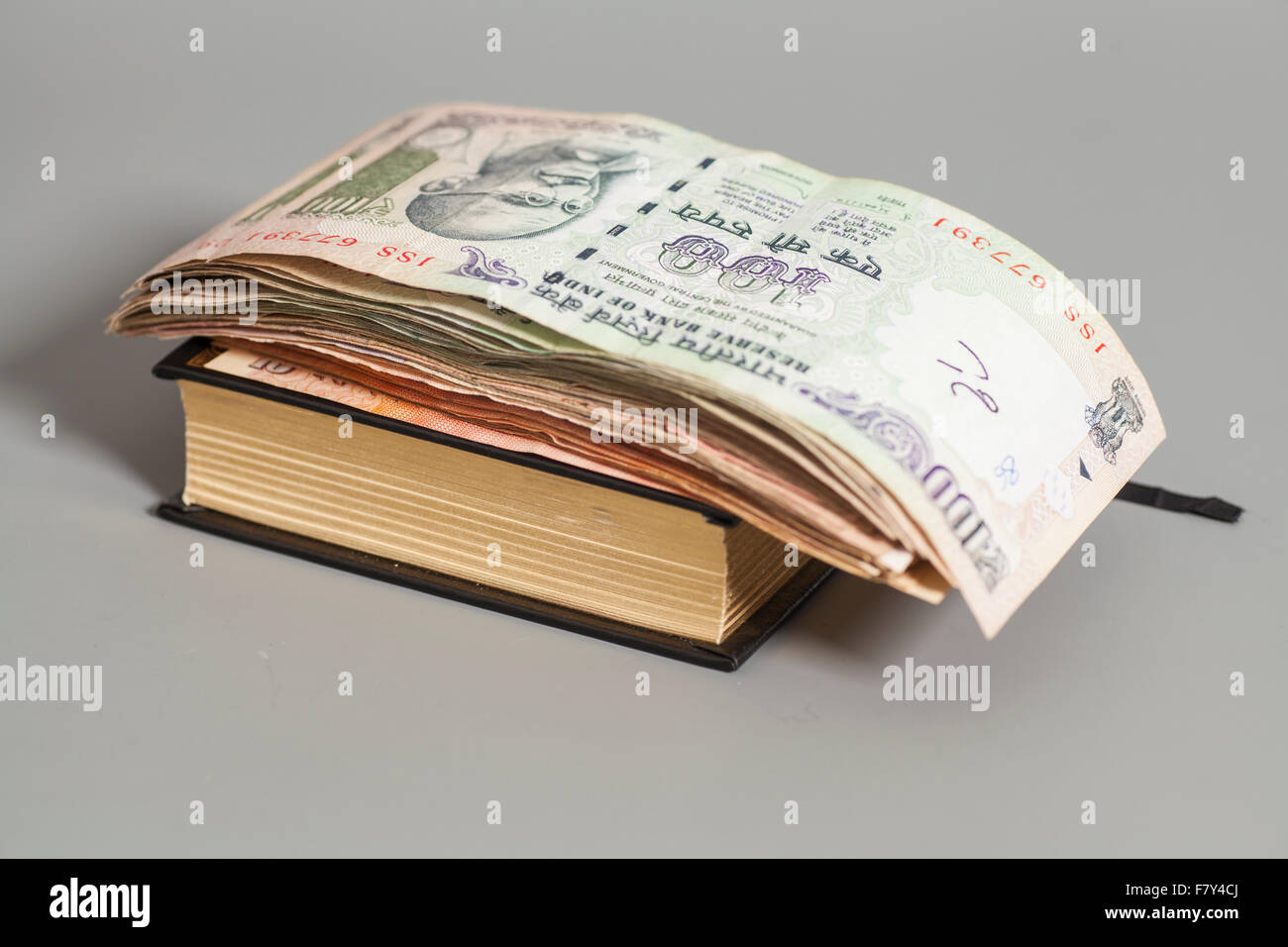 Book with Indian Currency Rupee bank notes on gray background Stock ...