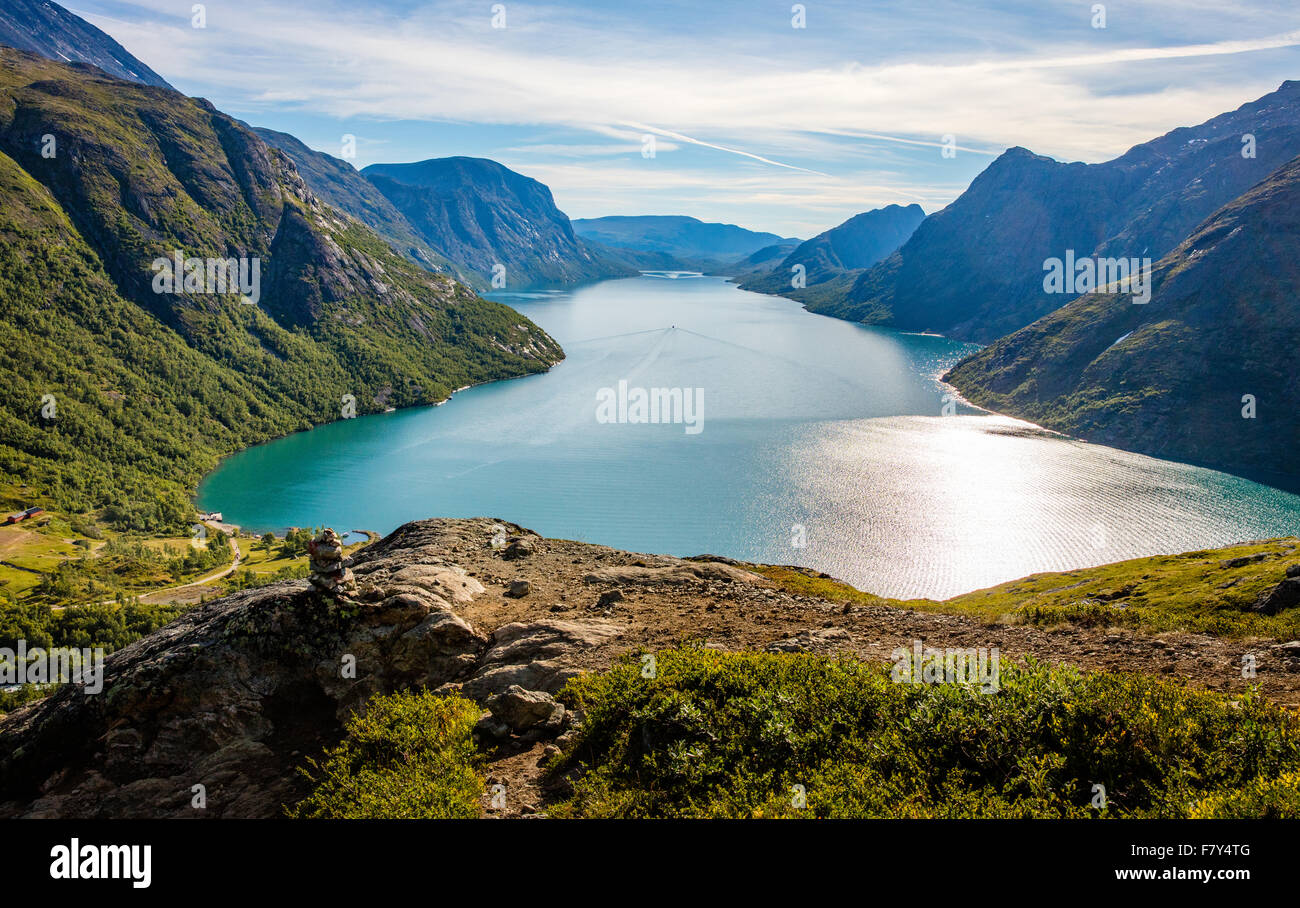 Looking down to Lake Gjende and Memurubu in the Jotunheimen National ...