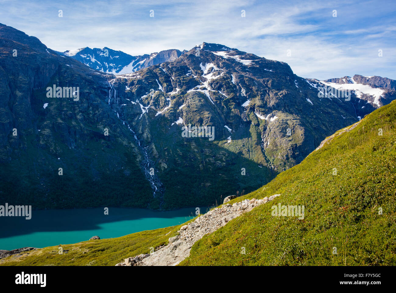 Above the turquoise waters of Lake Gjende on the Memurubu to Gjendebu ...