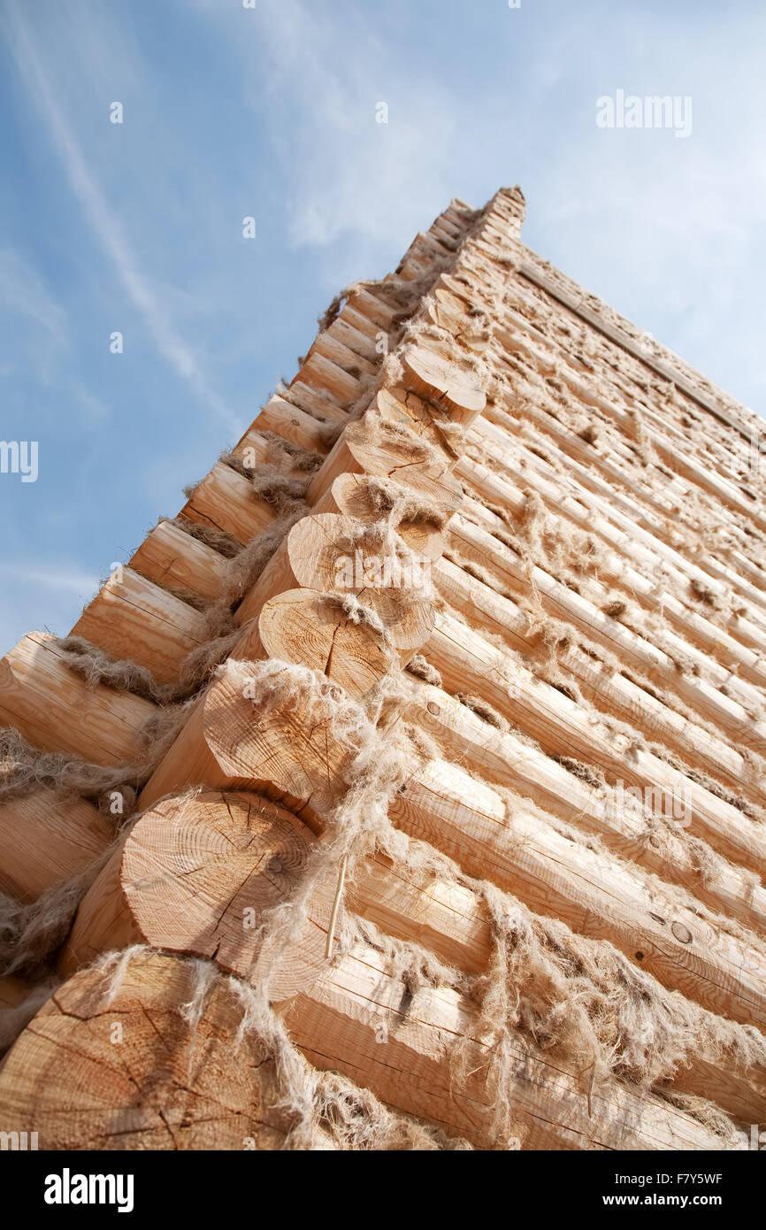 Natural background of pine balk wall joints Stock Photo - Alamy