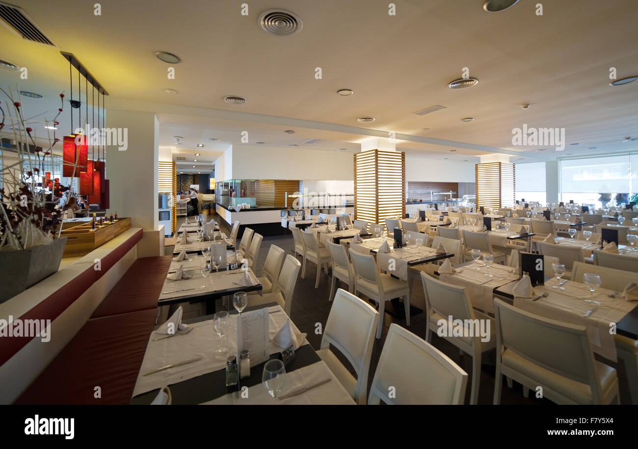 Interior of comfortable restaurant with many tables Stock Photo - Alamy