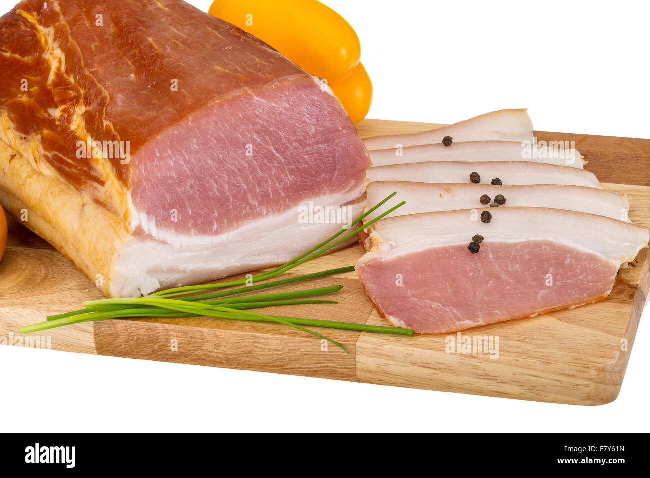 Bacon on the board with pepper and onion Stock Photo - Alamy