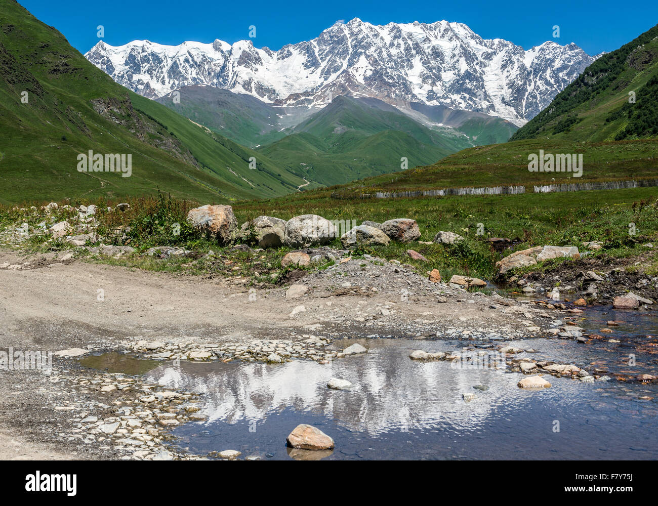 Shkhara mount seen from Zhibiani - one of four villages community ...