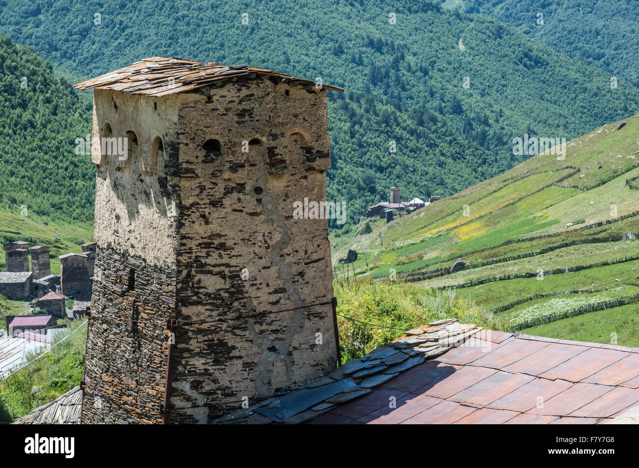 Svan tower in Zhibiani - one of four villages of Ushguli community at ...