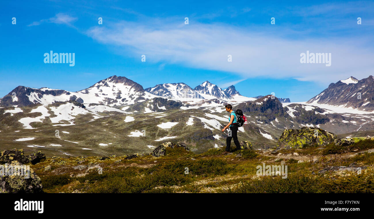 A female walking along the Memurubu to Gjendebu trail above Lake Gjende ...