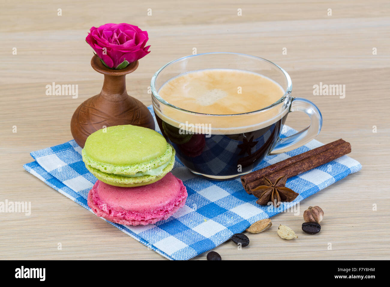 Macaroon delicious with espresso coffee served rose Stock Photo - Alamy