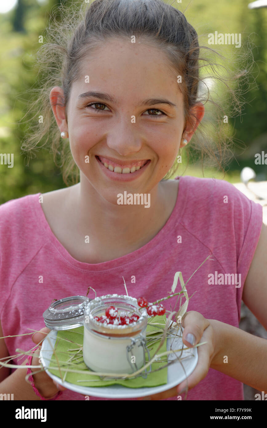 Girl with dessert, Stie-Alm am Brauneck, Upper Bavaria, Bavaria ...