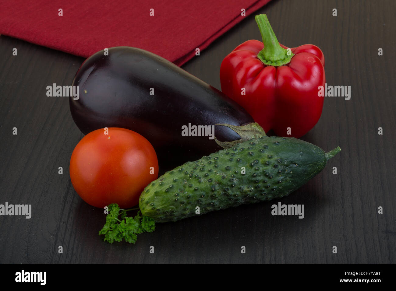 Vegetable assortment: tomato, cucumber, pepper, aubergine Stock Photo ...