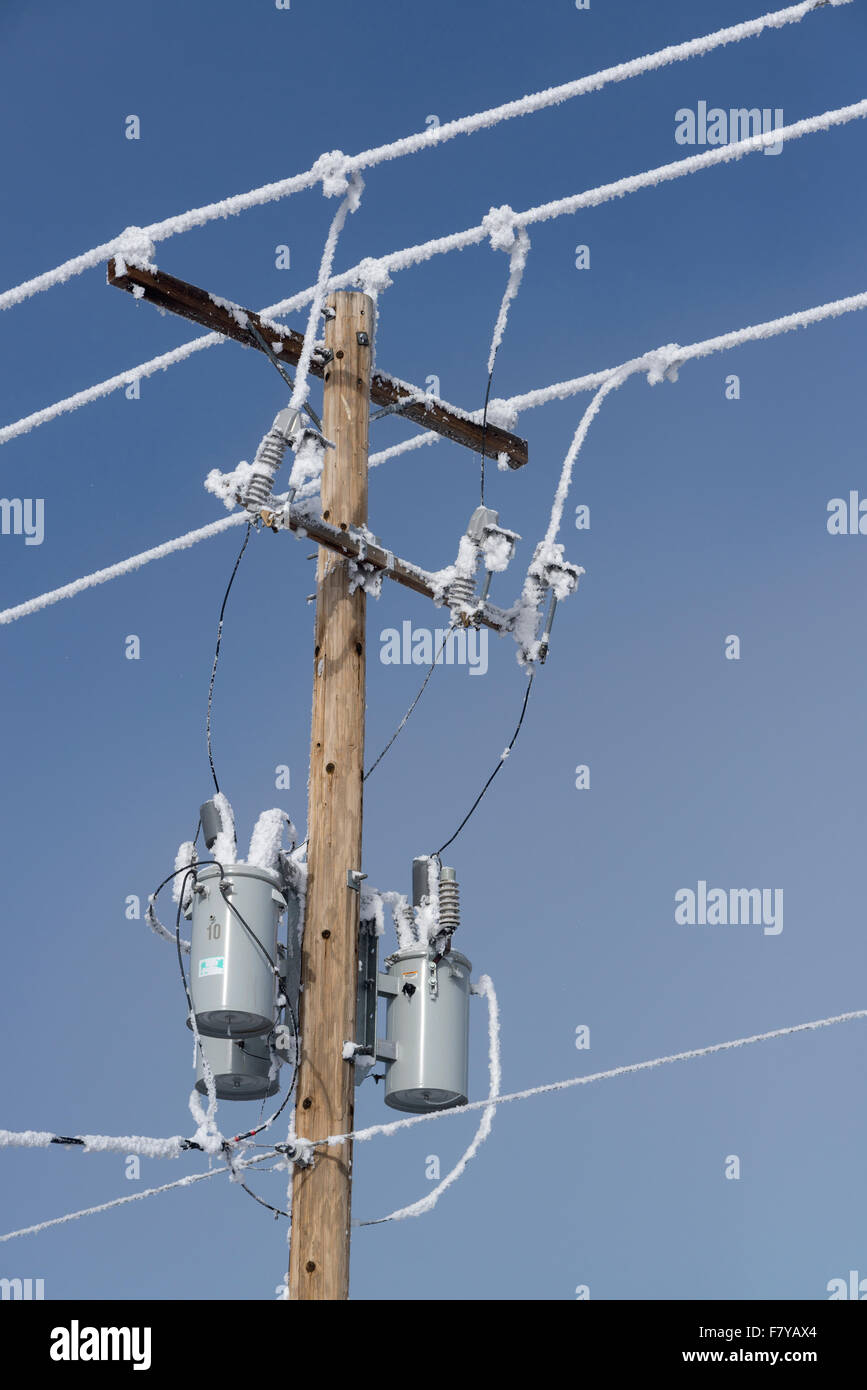Utility pole and lines on a frosty morning in Oregon's Wallowa Valley ...