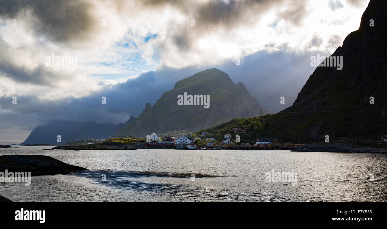 View to the villages of Tind and 'A ' from Sorvagen near Moskenes in ...