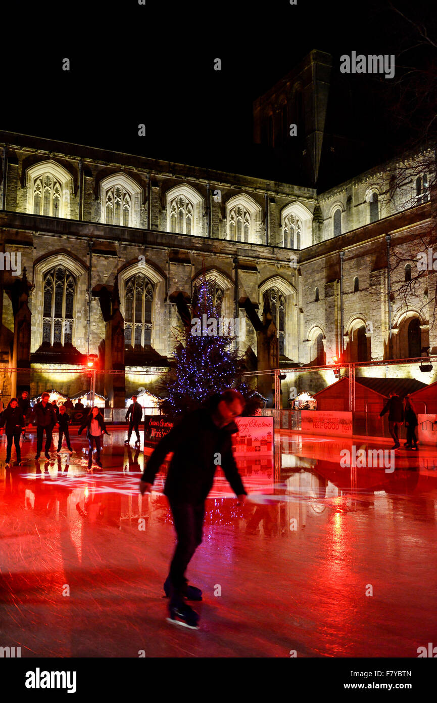 Skaters on the Ice Skating Rink in the grounds of Winchester Cathedral ...