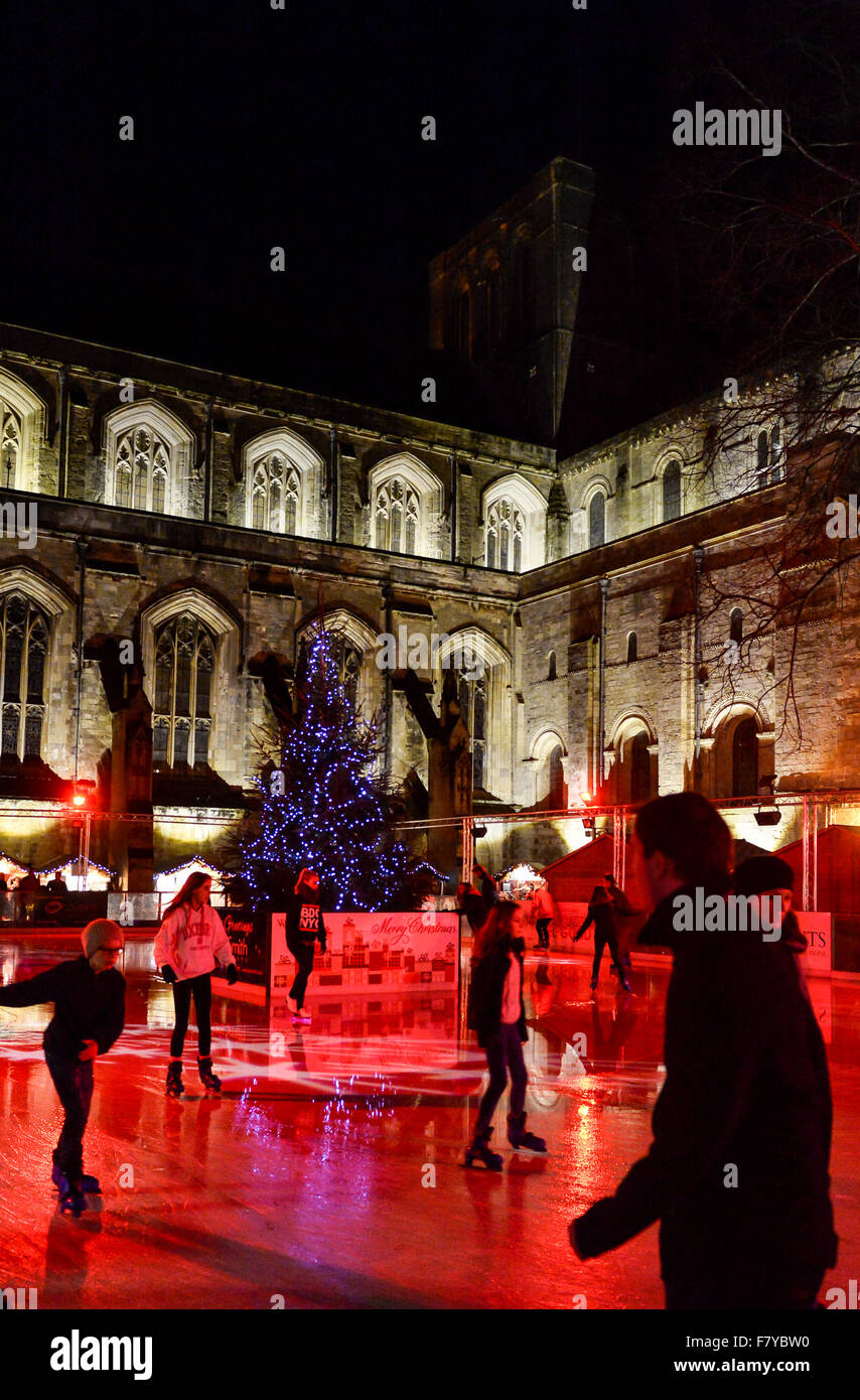 Skaters on the Ice Skating Rink in the grounds of Winchester Cathedral ...