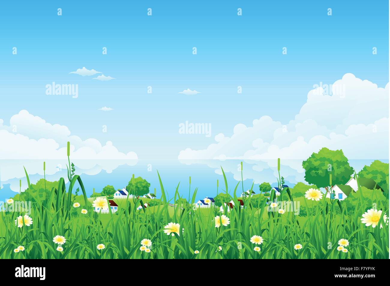Sky field tree hill clouds Stock Vector Images - Alamy