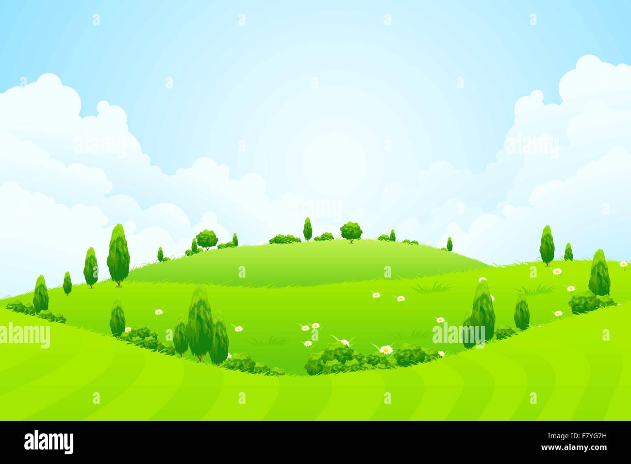 Green Background with Grass Trees Flowers and Hills Stock Vector Image ...