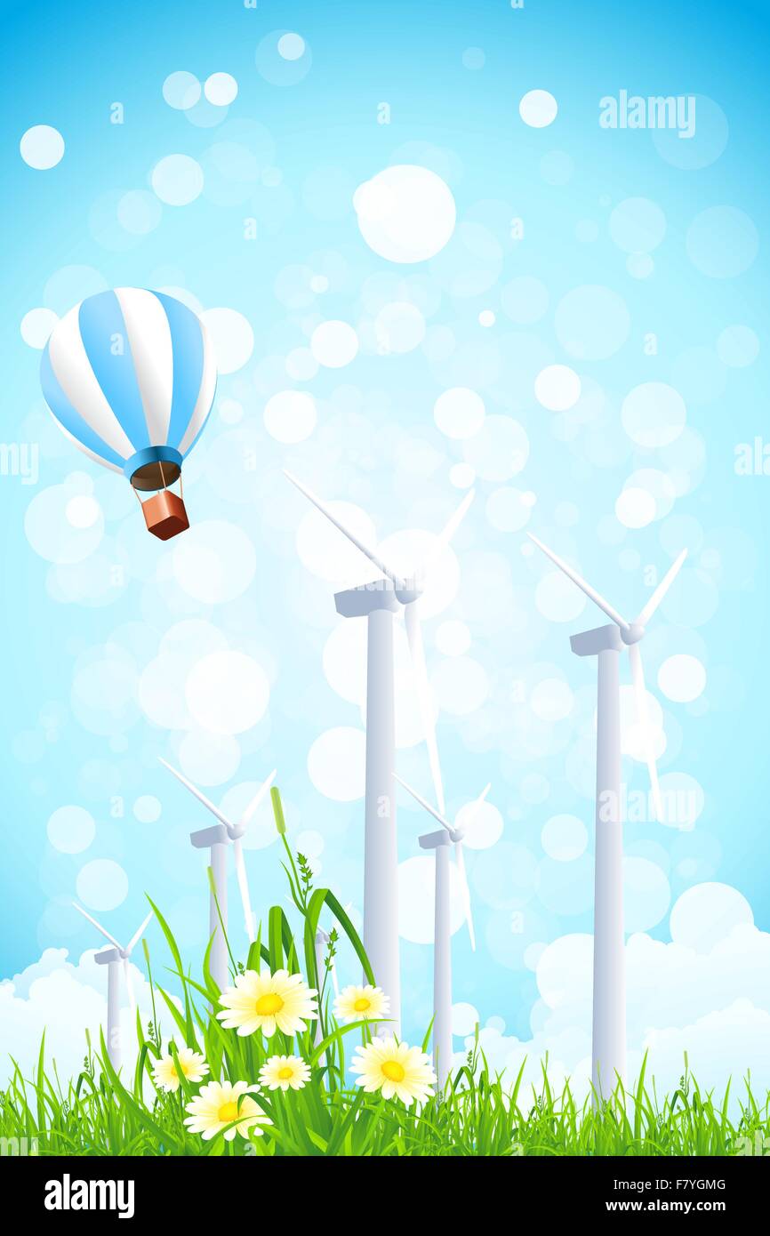 Abstract Background with Wind Power Plant and Hot Air Balloon Stock ...