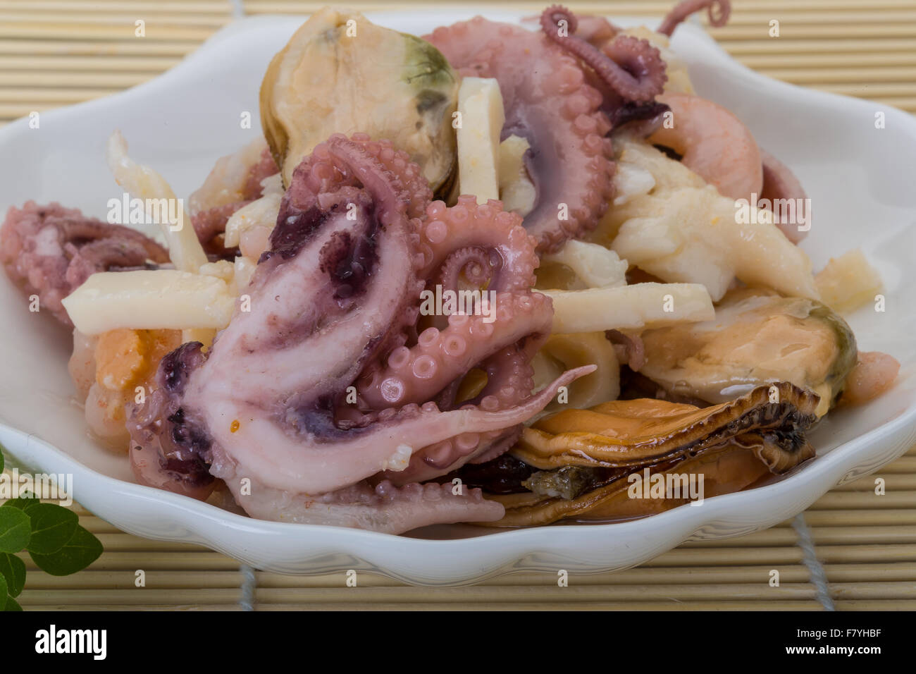 Seafood cocktail with octopus, shrimp, calamari and mussel Stock Photo ...