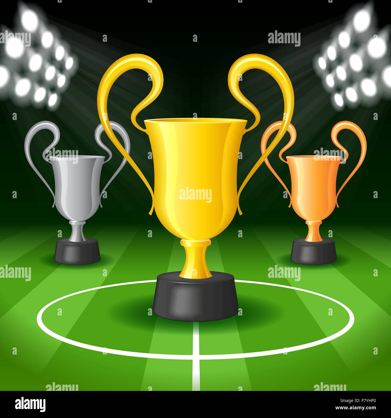 Soccer Background with Bright Spot Lights and Three Award Trophy Stock ...