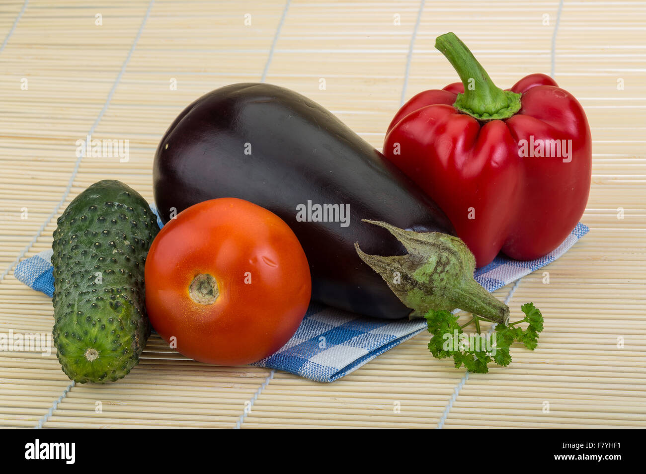Vegetable assortment: tomato, cucumber, pepper, aubergine Stock Photo ...
