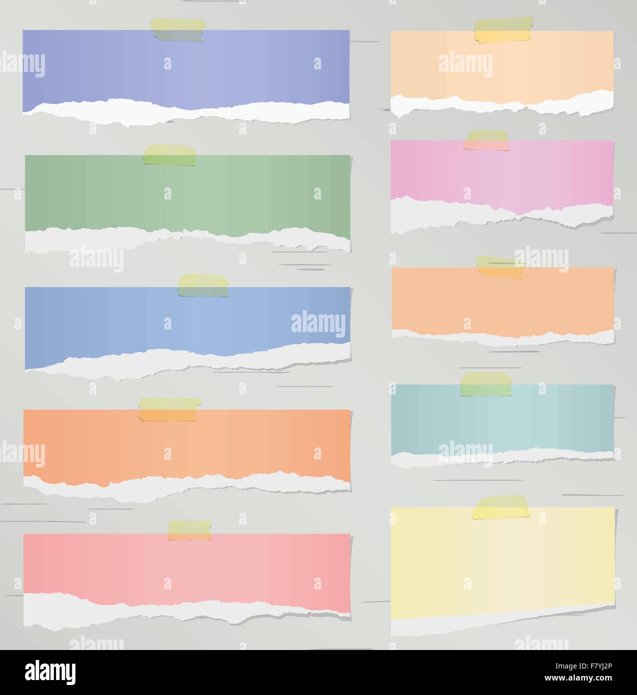 Set of various colorful torn note papers with adhesive tape on gray ...