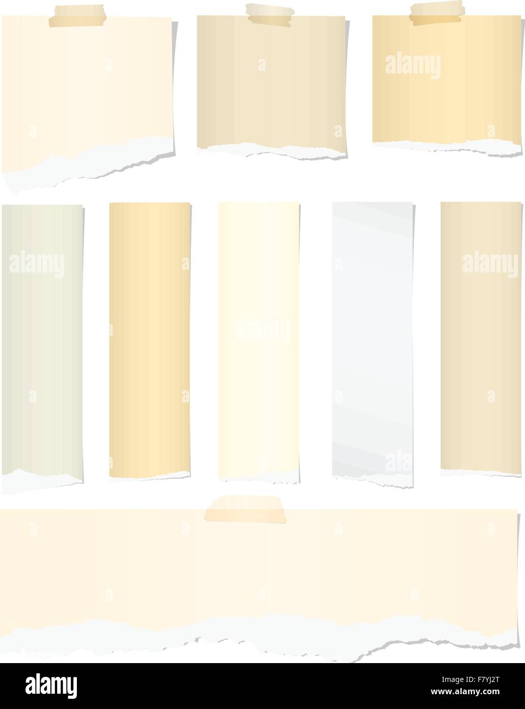 Set of various colors torn note papers with adhesive tape on white ...