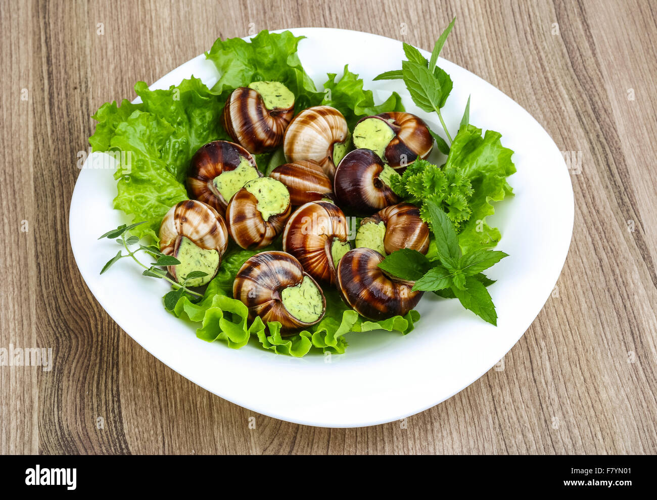 French cuisine - Escargot with butter, parsley and salat leaves Stock ...