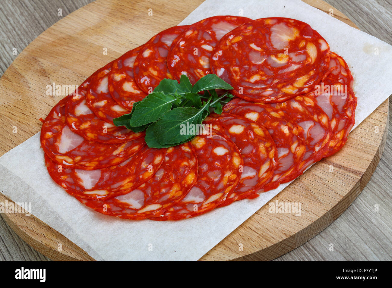 Traditional Spanish salami - Chorizo sausage on the wood background ...