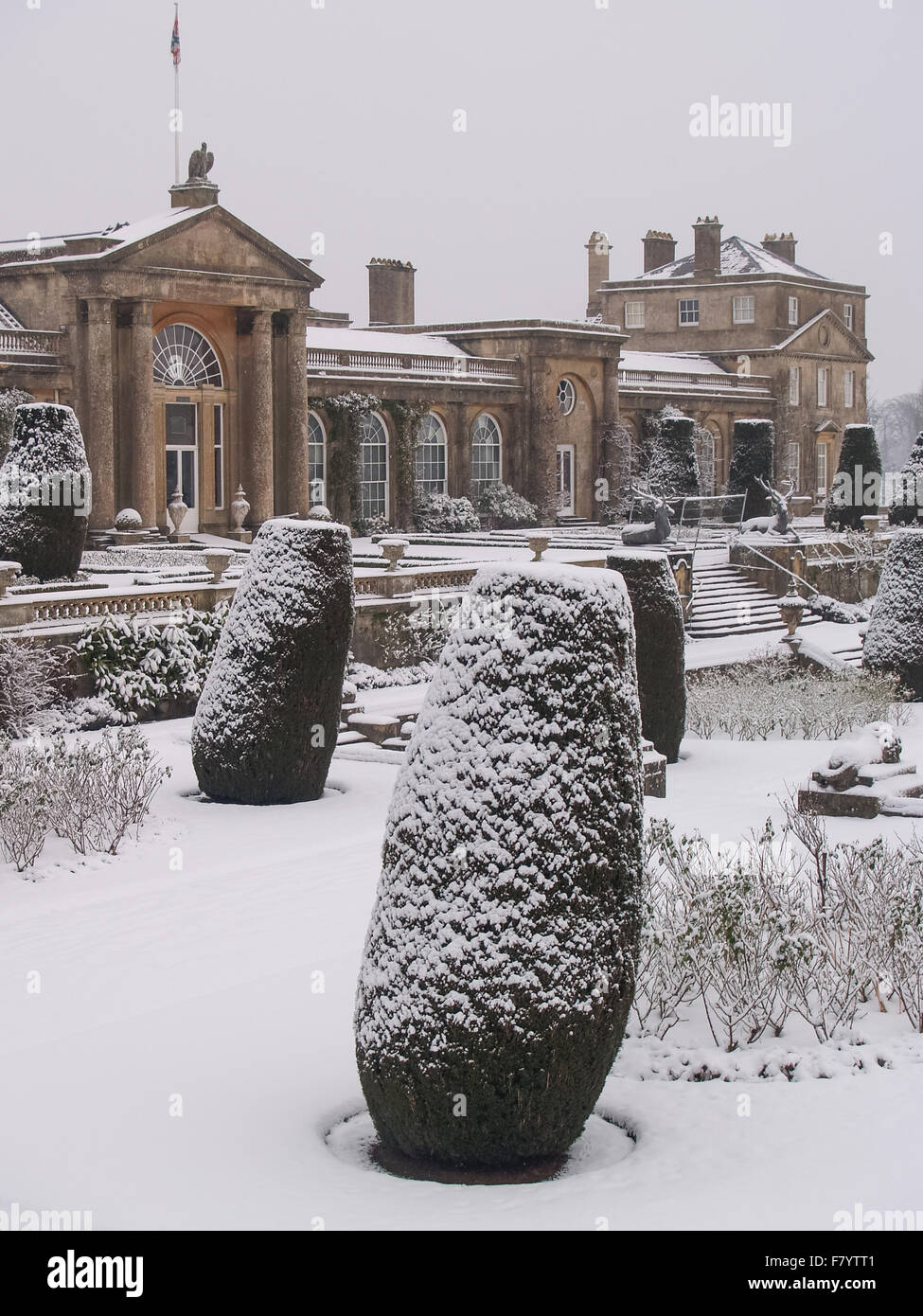 Wintery deep snow & ice covered gardens and terraces of English country ...