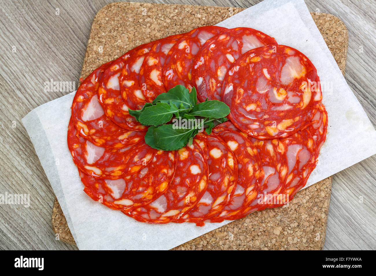 Traditional Spanish salami - Chorizo sausage on the wood background ...