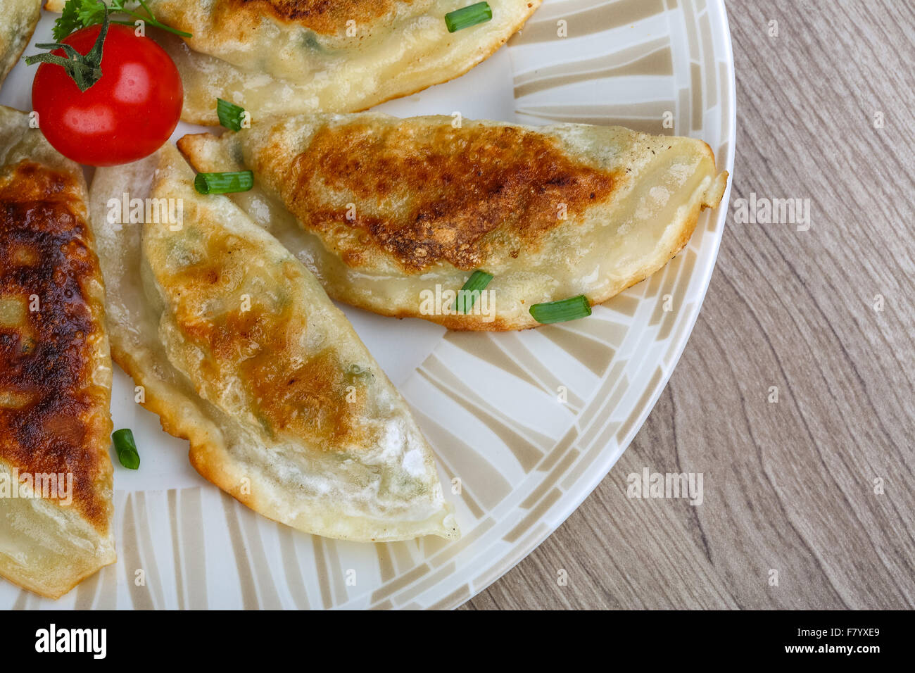 Japanese cousine - Gyoza served green onion and cherry tomato Stock ...