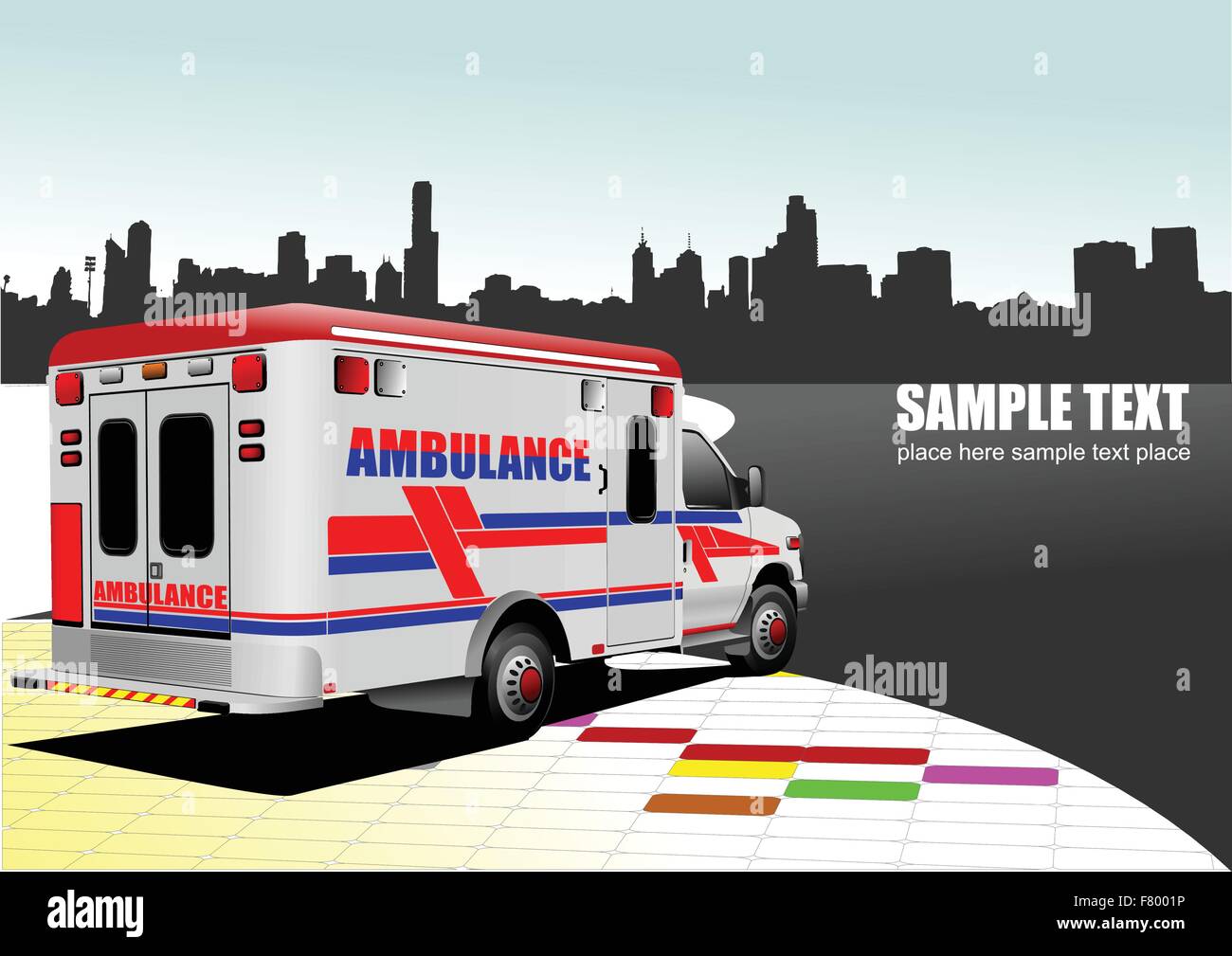 Modern ambulance van on city background. Colored vector illustra Stock ...