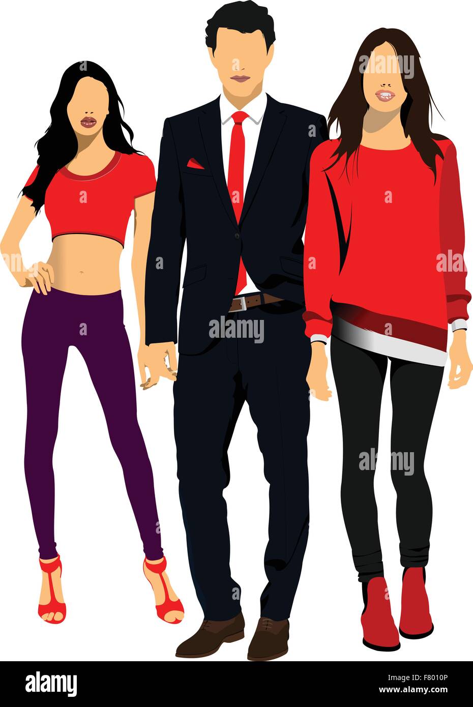 Young man and two women in red. Vector illustration Stock Vector Image ...