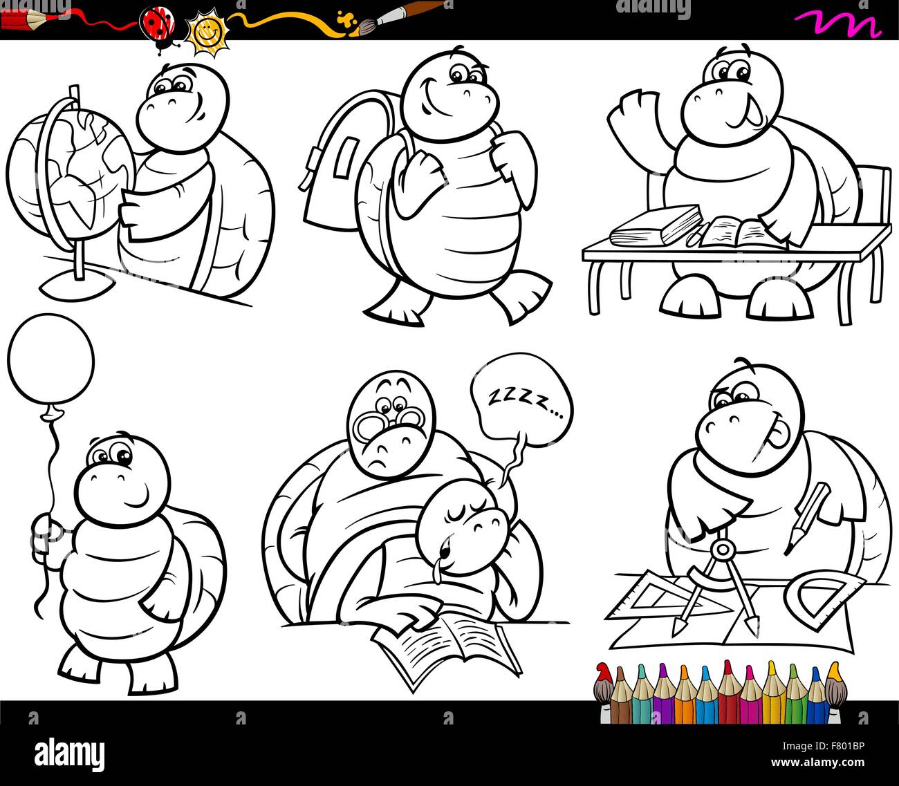 school turtle set cartoon coloring page Stock Vector Image & Art - Alamy