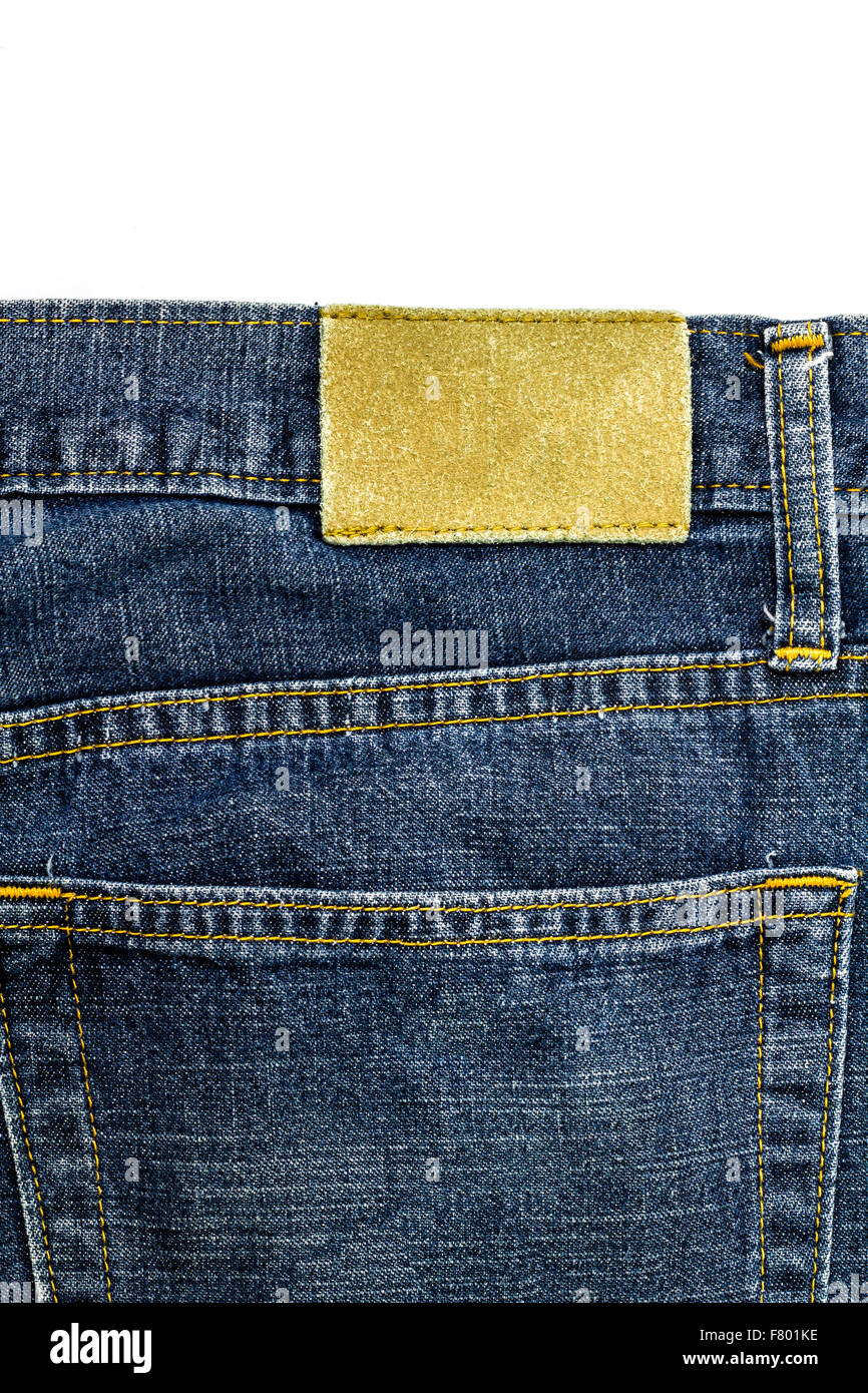 The Leather jeans label sewed on jeans Stock Photo - Alamy