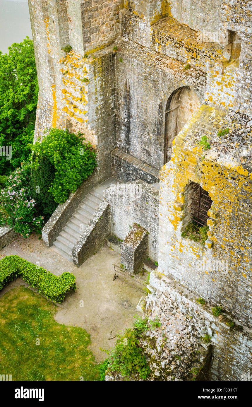 Abbey wall and courtyard, Mont Saint-Michel monastery, Normandy, France ...