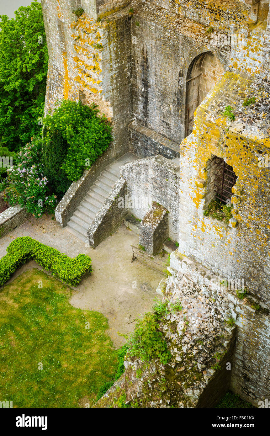 Abbey wall and courtyard, Mont Saint-Michel monastery, Normandy, France ...