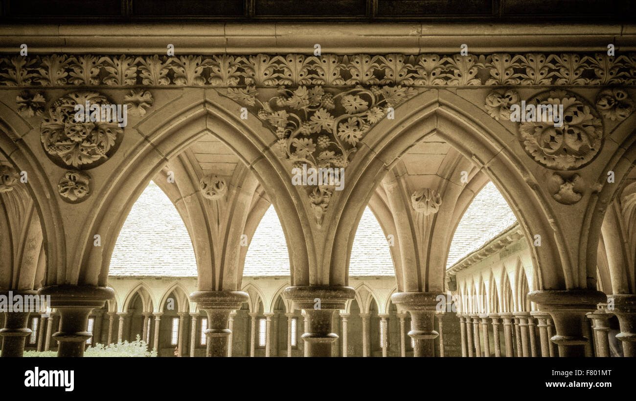 Arch detail in the abbey cloister, Mont Saint-Michel, Normandy, France ...