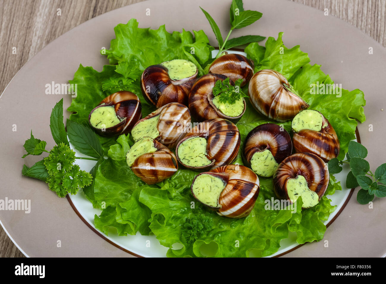 French cuisine - Escargot with butter, parsley and salat leaves Stock ...