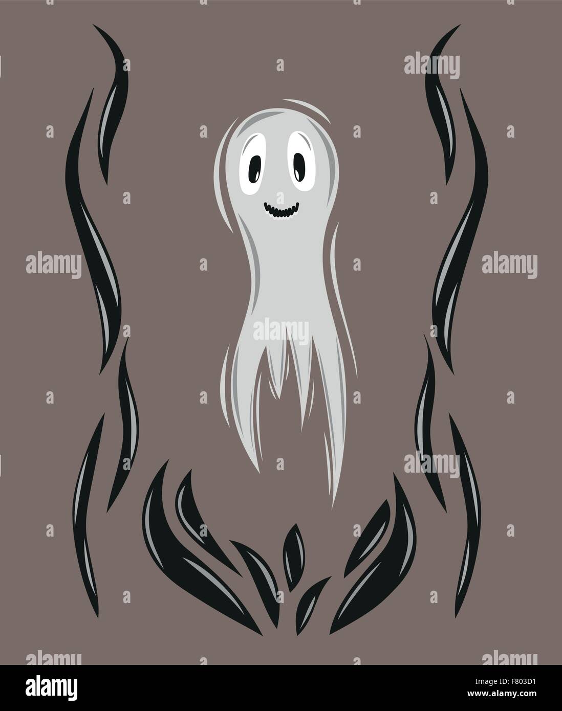 gray funny ghost with big eyes and black flames around it Stock Vector ...