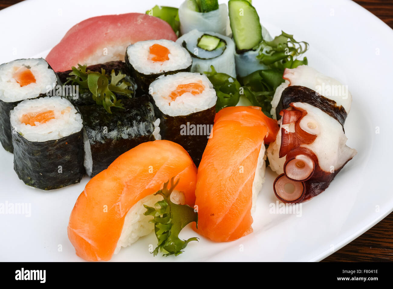 Japan traditional Sushi, sashimi and rolls set Stock Photo - Alamy
